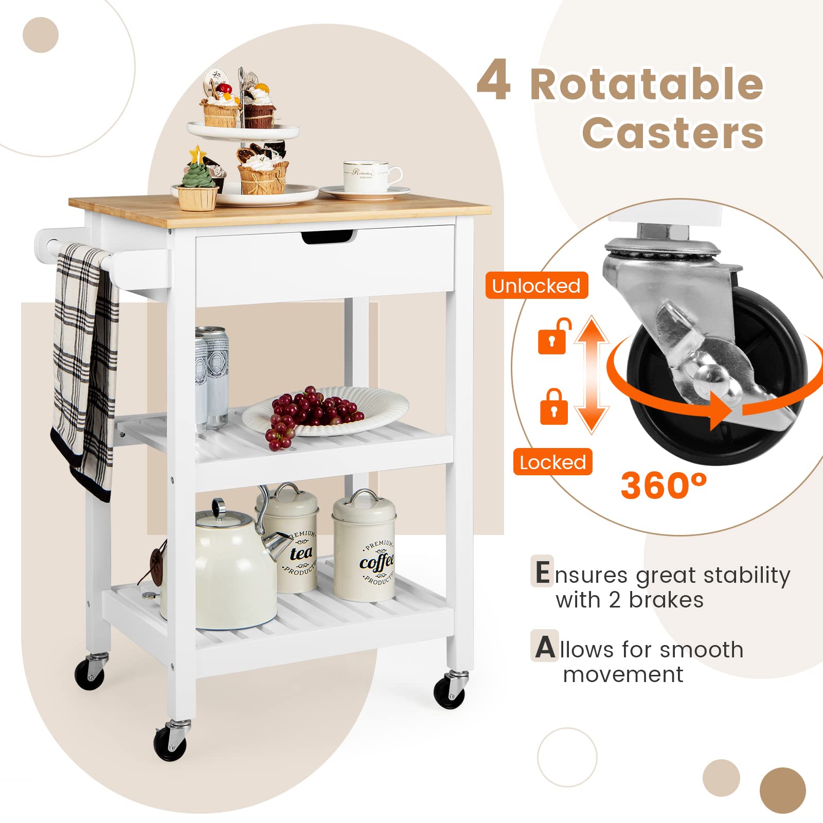 Giantex Kitchen Island Cart with Storage, Rolling Bamboo Kitchen Cart on Wheels, w/Pull-Out Drawer, Towel Handle, 2 Open Shelves, Mobile Coffee Bar Cart for Dining Room Living Room (White & Beige)