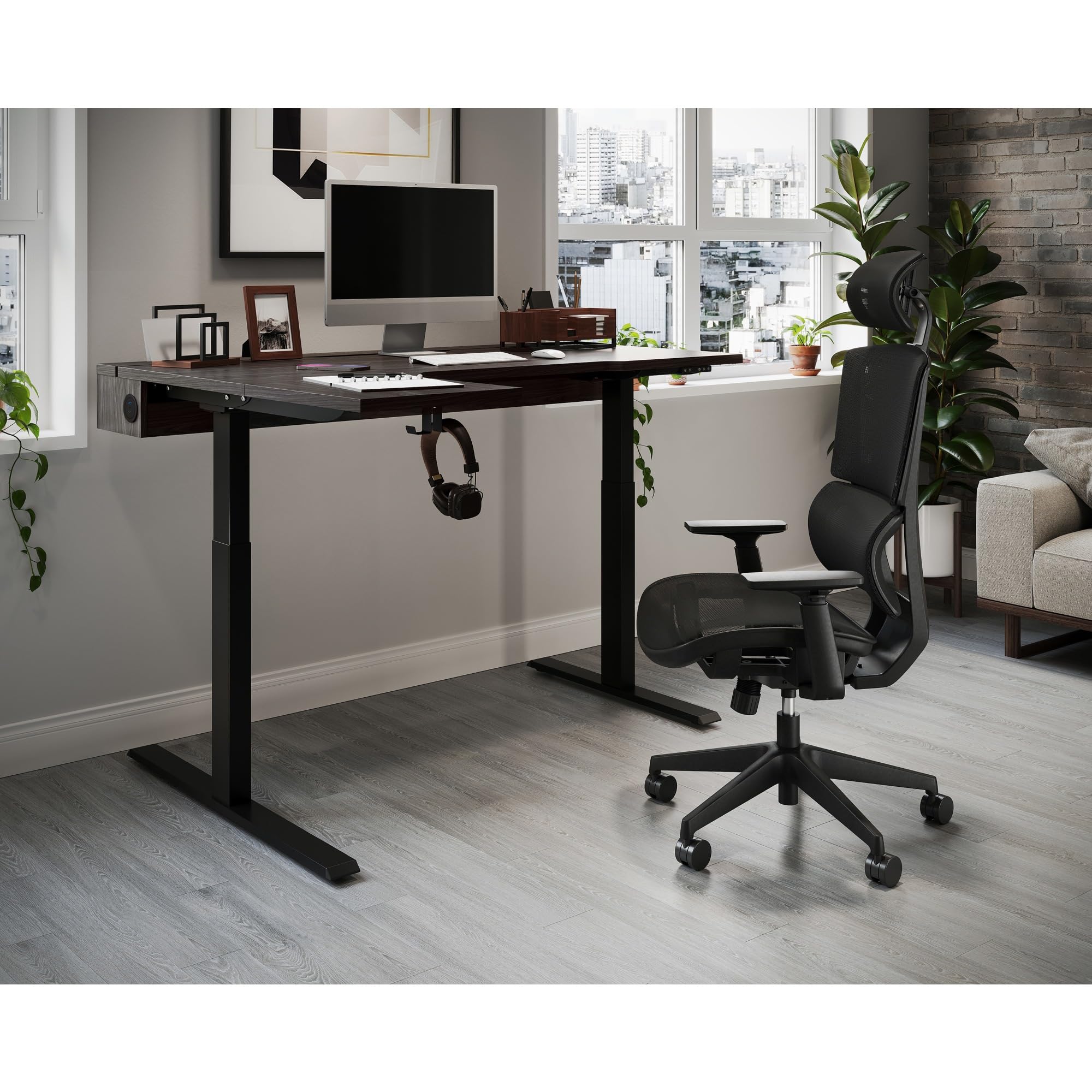 RealspaceĀ® Koru Electric 59"W L-Shaped Height-Adjustable Standing Desk with Integrated Power & Charging, Espresso Oak