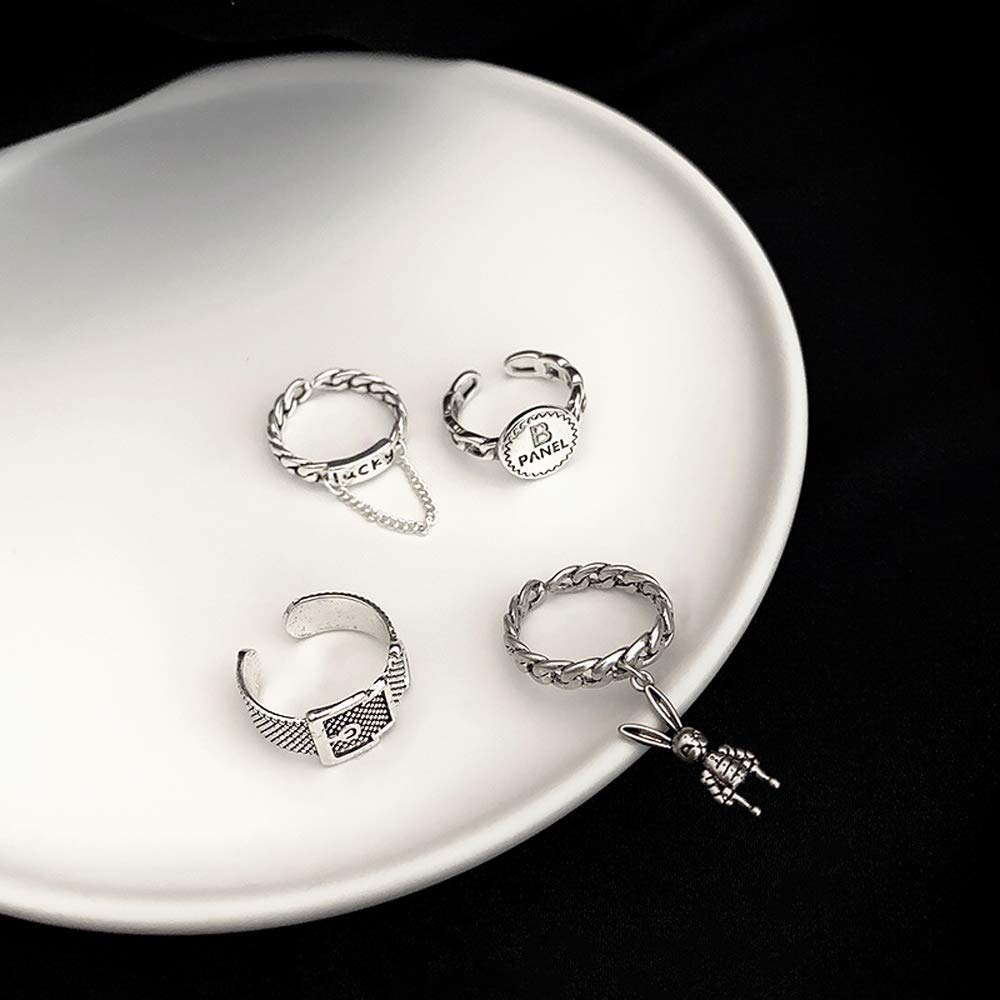 GulCean Adjustable Ring Set for Women Men Vintage Silver Stylish Cool Goth Kpop Hippie Anime Emo Lucky B Letter Rabbit Belt Buckle Charms Chain Rings Set Gift 4pcs (Vintage Silver)