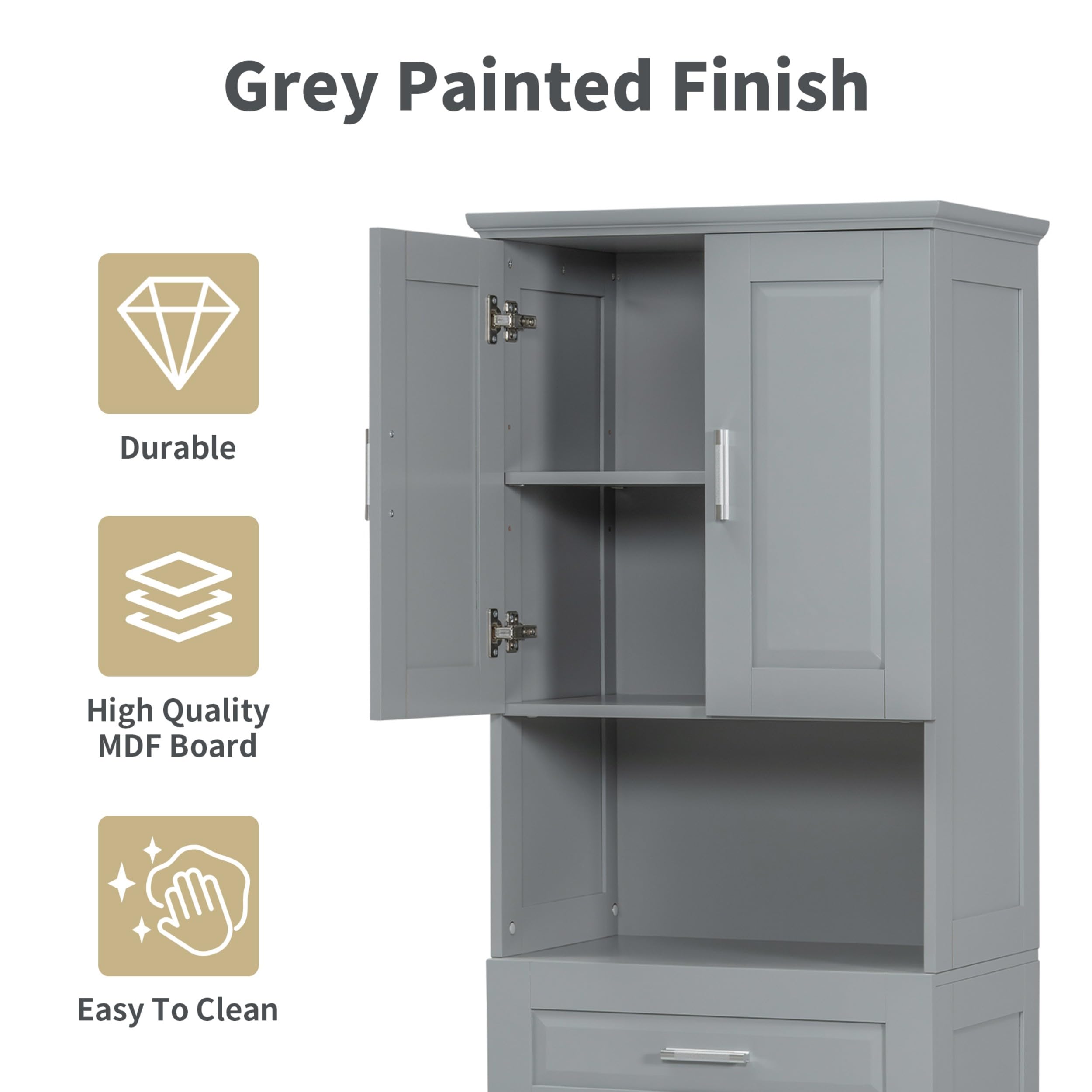 RCCFBHM Modern Bathroom High Bathroom Cabinet with Tilting Laundry Hamper with Double Door Storage and 1 Drawer, Open Storage Cabinet for Bathroom, Living Room.