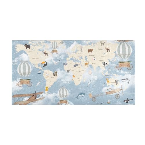 Fluffy Floor Carpet-Animals World Map Travel Theme,39x20in Front Door Mat Indoor Machine Washable Carpet,Aesthetic Rug