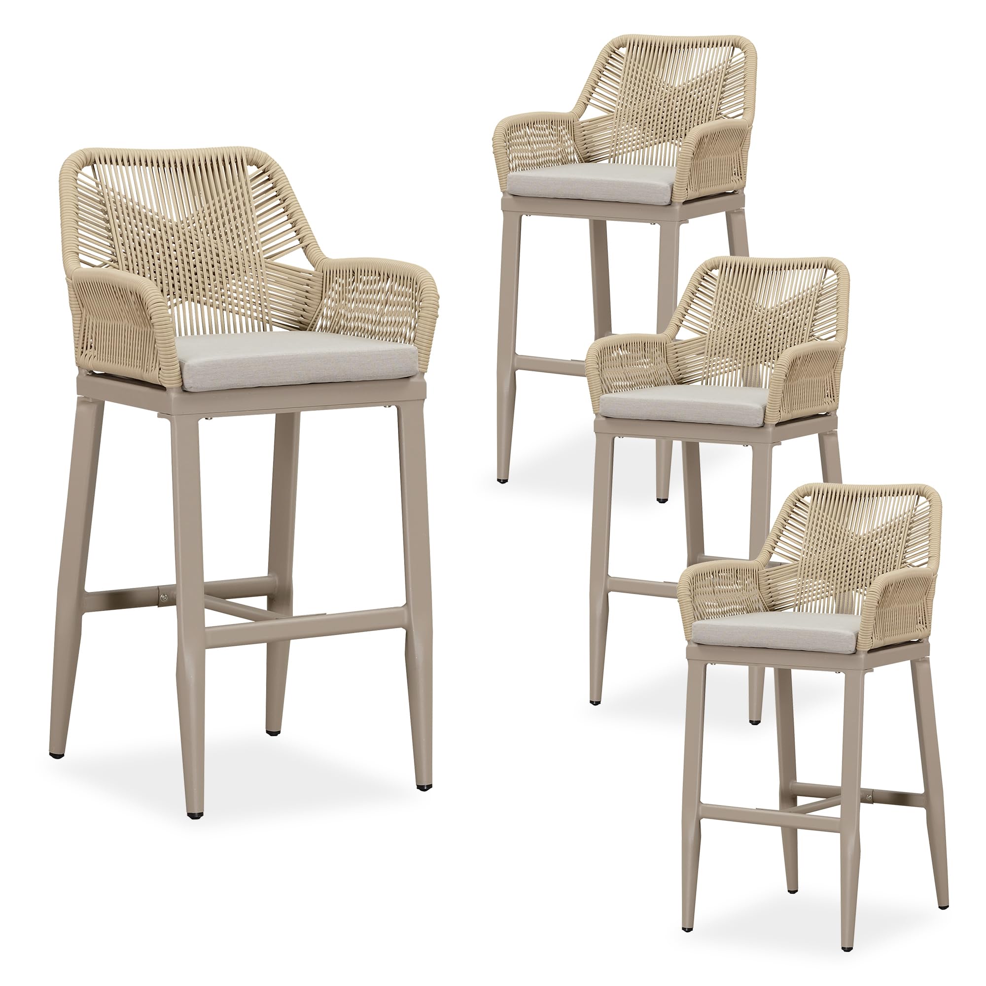PURPLE LEAF Outdoor 29" Bar Stools Set of 4, Boho Patio Bar Height Chair with Cushion and Back for Outdoor and Indoor, Kitchen, Garden, Patio, Champagne