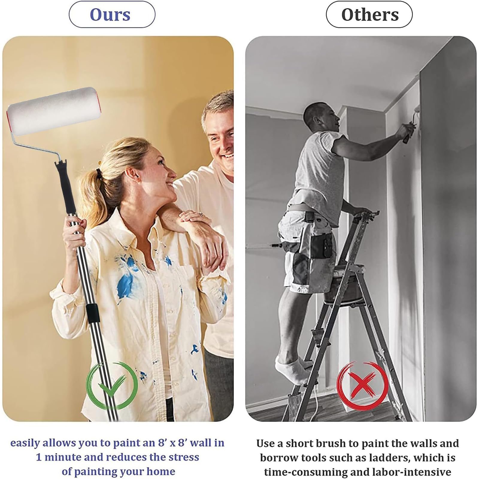 Paint Roller,6 FT Brush kit Multi-Function Paint Roller kit with House Paint Roller Brush Stainless Steel Pole, Deck Stain Brush, Mural Brush for Decking Paints, with 2 Paint Roller Covers