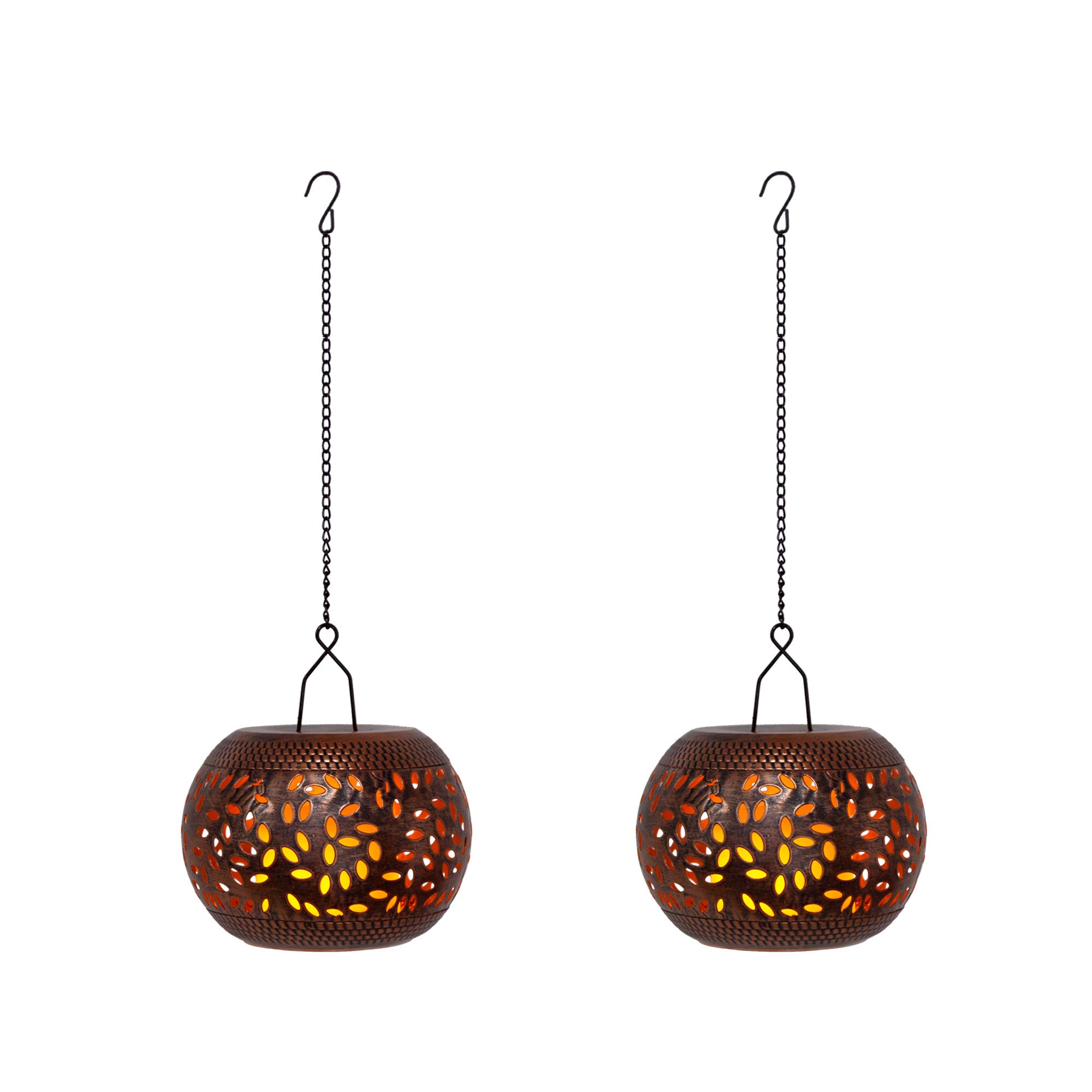 Hanging Lanterns Decorative Metal Candle Lanterns for Home Decoration Copper Indoor and Outdoor Lanterns with LED Flickering Candle Light and Timer 2 Pack