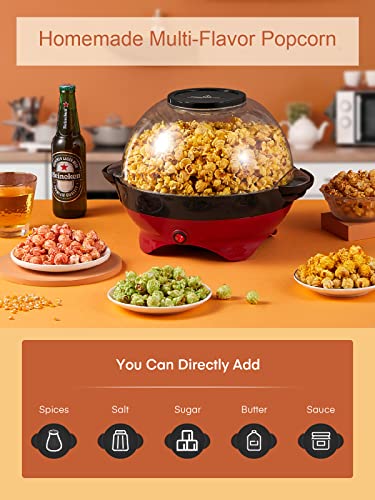 Popcorn Machine, 6.3 Qtrs./28 Cup Popcorn Maker, 800w Stir Crazy Popcorn Popper with Quick-Heat Technology, Removable Non-Stick Surface, Cool Touch Handles, Thicken Transparent Cover, 2 Measuring Cap