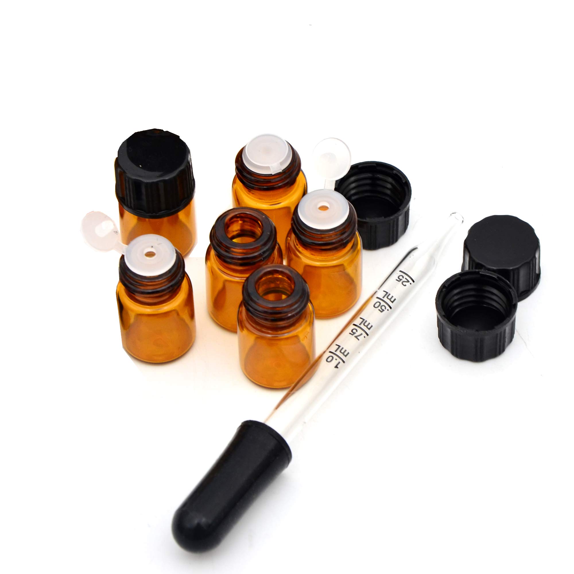 Youngever Essential Oils Bottles, 50 Pcs 2 ml Amber Glass Vials Bottles with Orifice Reducers and Black Caps, With 2 Glass Transfer Eye droppers