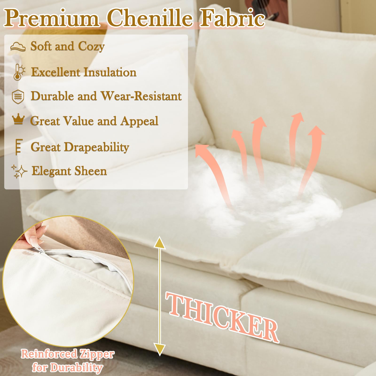 Sectional Couches for Living Room | Comfy Cloud Couch Modern Chenille L-Shaped 115โ Cream Modular Sectional Sofa with Moveable Ottoman & Pillows | Extra Deep Seat Sofa (White Couch, 3-Seat Upgrade)