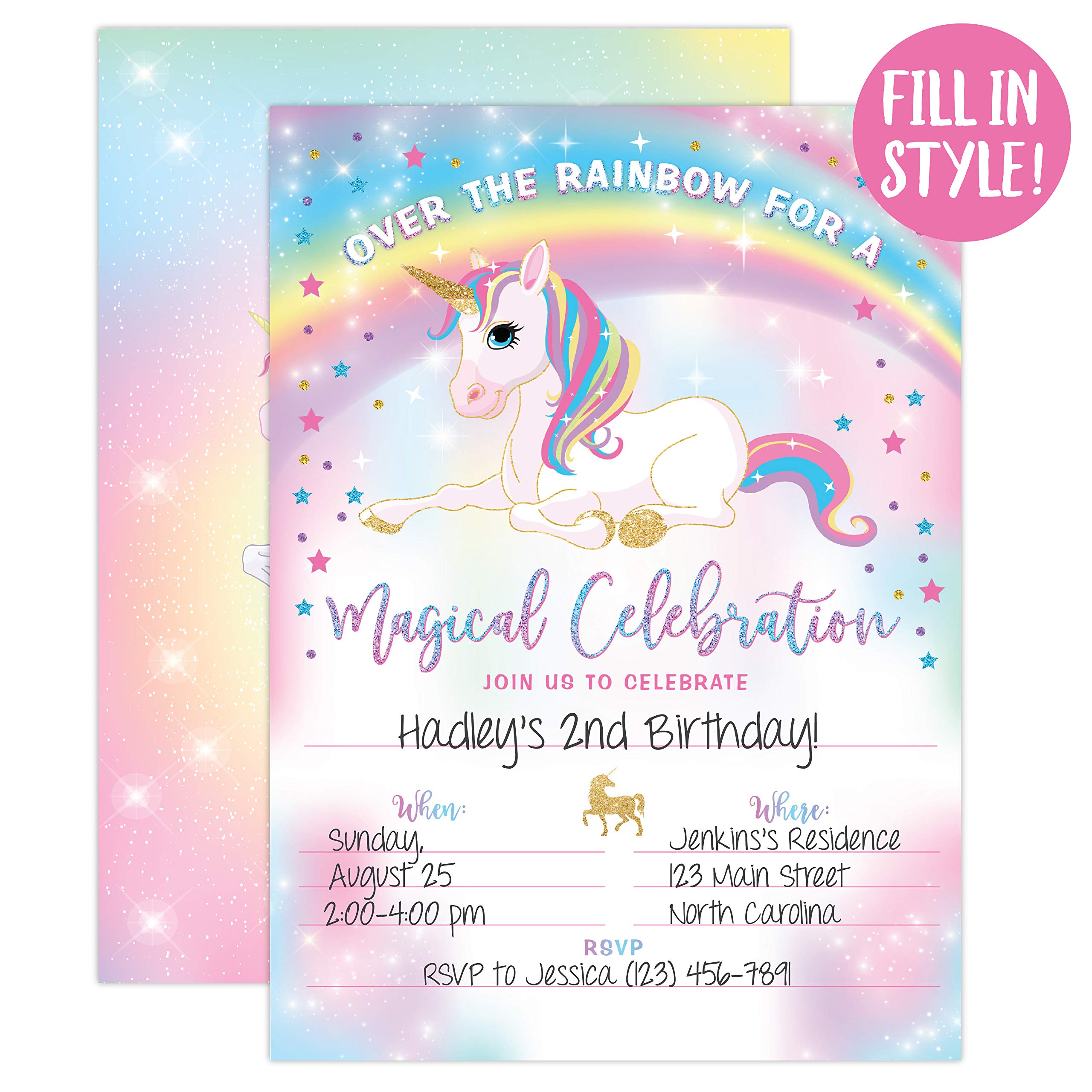 Your Main Event Prints Unicorn Birthday Invitation - Unicorn Party Invite - 20 Fill-In Style Invitations - Envelopes Not Included