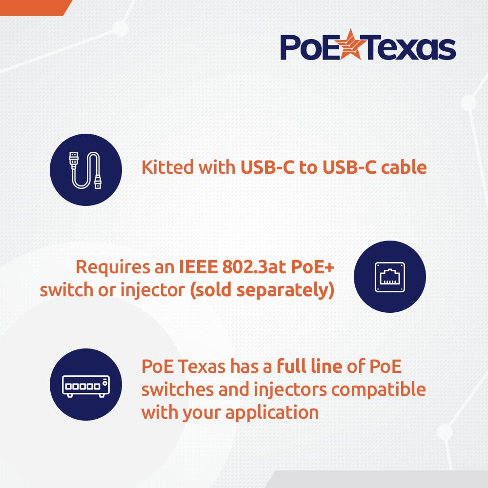 PoE Texas PoE+ Power and Data Adapter for USB-C Tablets & Devices for POS, Digital Signage, & More and PoE Injector - Single Port PoE+ Power Over Ethernet PoE Adapter for 802.3at