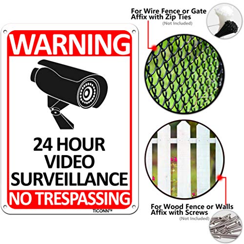 TICONN 2-Pack 24 Hour Video Surveillance Sign, No Trespassing Aluminum Warning Sign, 10ββx7ββ for CCTV Security Camera - Reflective, UV Protected