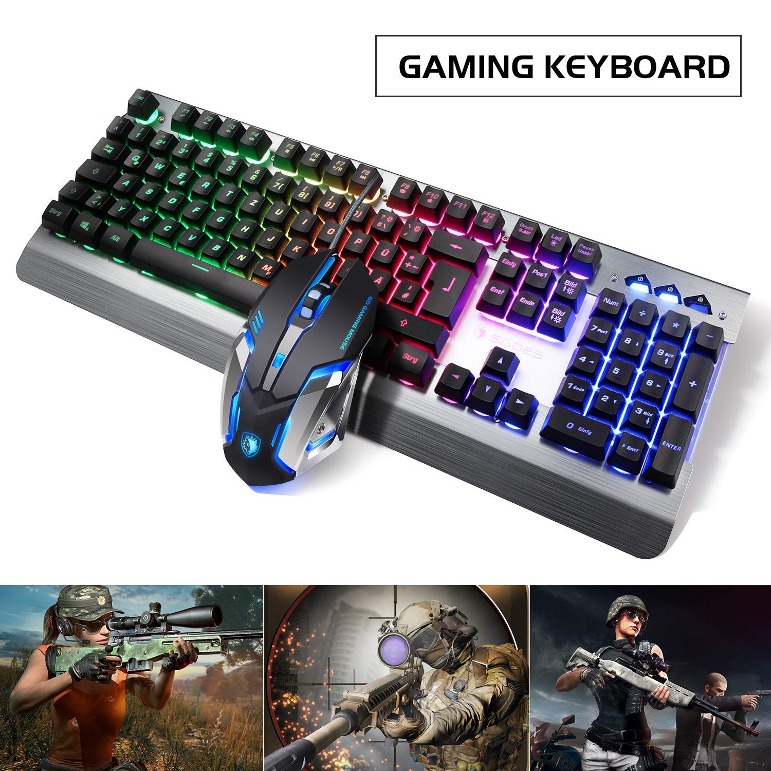Gaming Keyboard and Mouse Combo Wired LED RGB Backlit,104 Keys USB Ergonomic Wrist Rest Keyboard, 3200DPI 6 Button Mouse for Windows PC & Mac OS (Black)