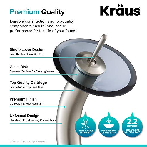 Single Lever Vessel Glass Waterfall Bathroom Faucet Satin Nickel with Black Clear Glass Disk and Matching Pop Up Drain
