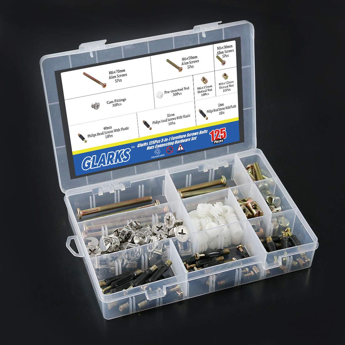 Glarks 125Pcs 3-in-1 Furniture Connecting Hardware Set, Hex Socket Cap Furniture Barrel Screws Bolt Nuts & Cam Fitting & Pre-Inserted Nut & Eccentric Wheel for Crib, Wardrobe Splicing, Cabinet Drawer