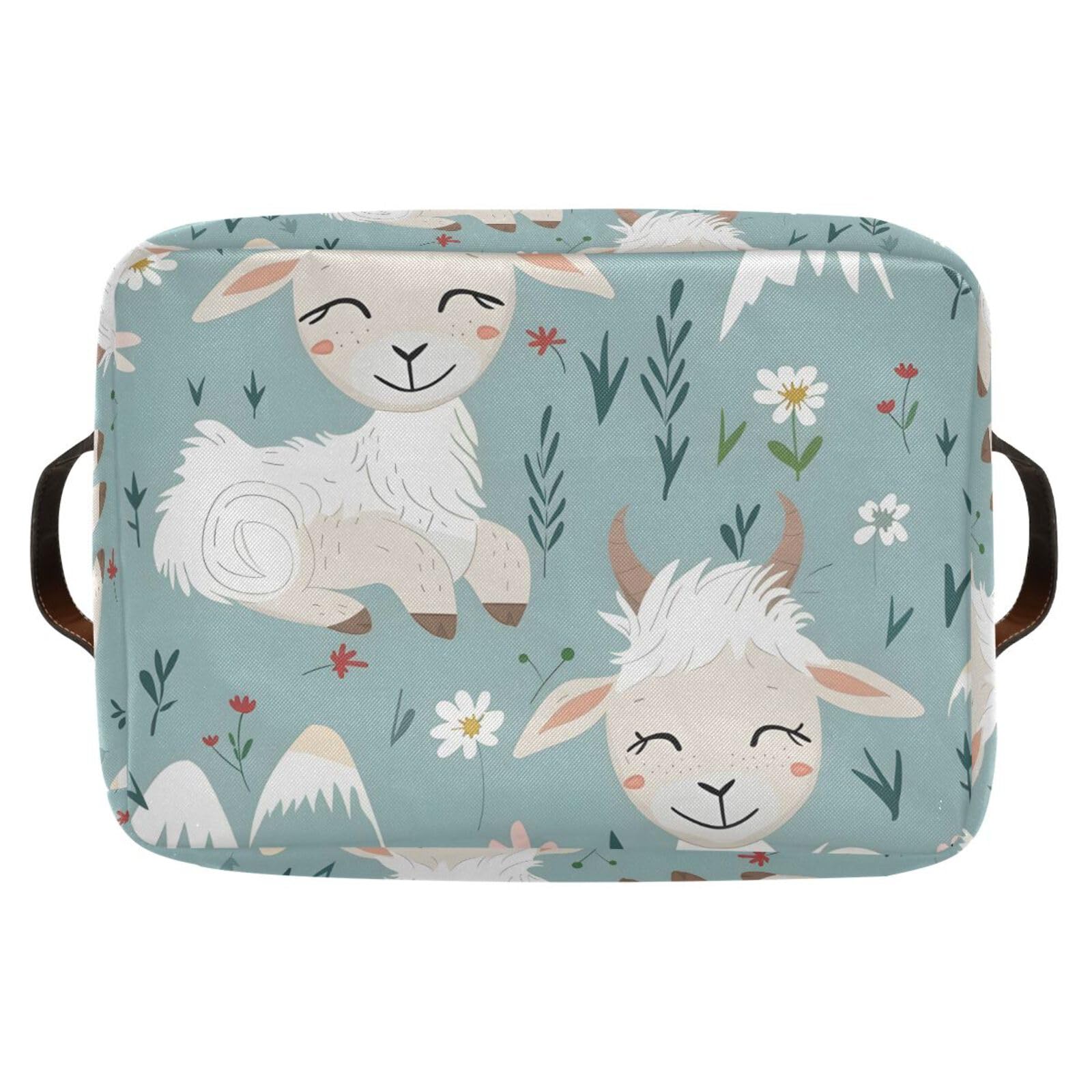 SUABO Cute Baby Goats with Floral Toy Basket,Collapsible Storage Bin Basket with Handles Laundry Baskets,Shelf Basket Nursery Storage for Bedroom Playroom,Set 1