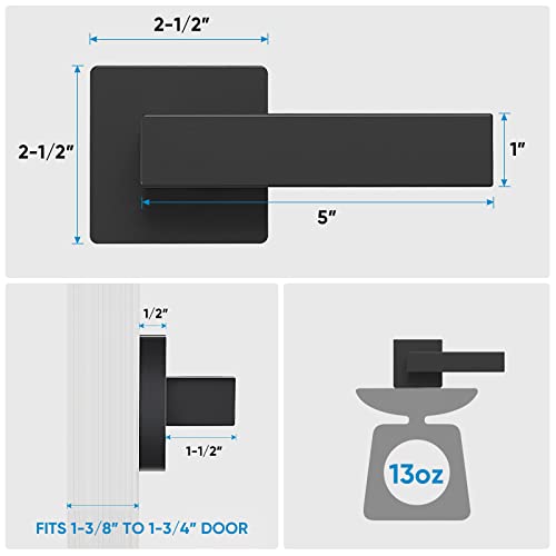 TICONN 5Pk Door Handle Heavy Duty, Reversible Square Door Lever for Bedroom, Bathroom and Rooms (Black, Dummy - Rear Mount, 5 Pack)