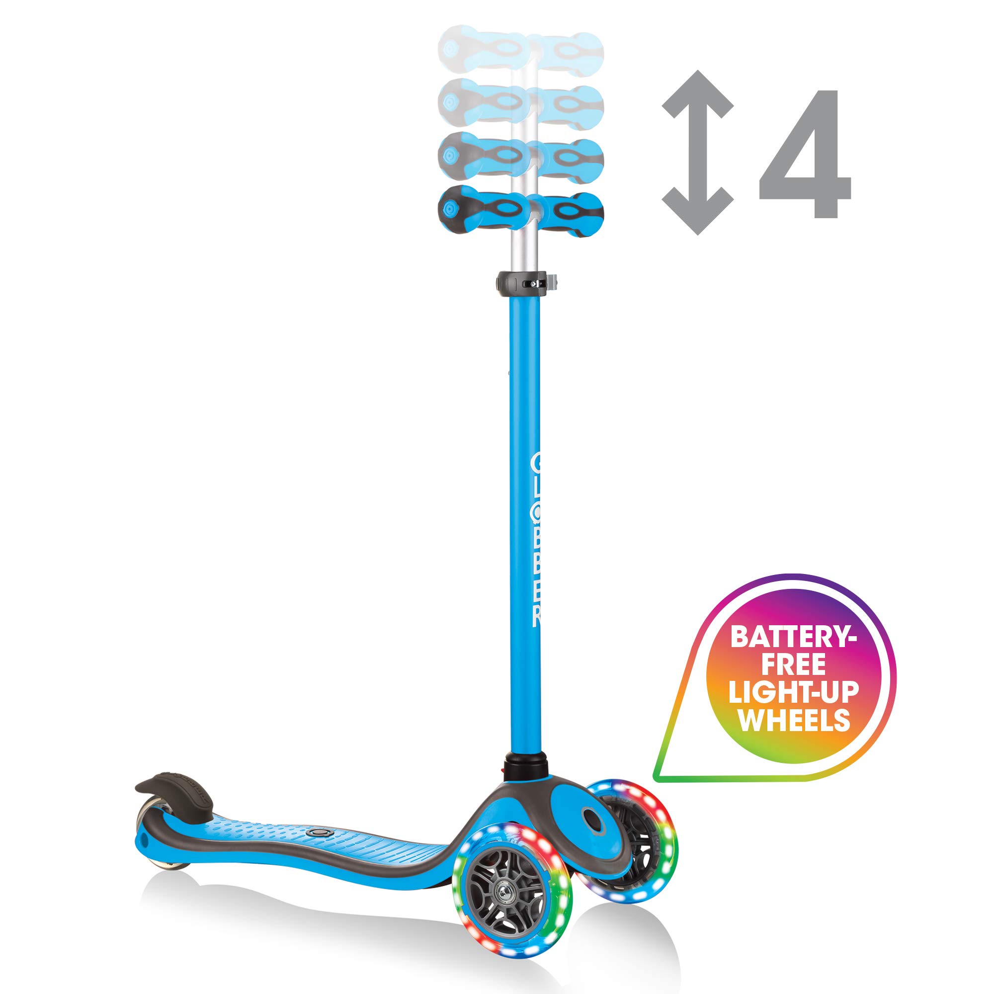 Globber - Primo Plus 3-Wheel Kids Kick Scooter - LED Light Up Wheels - Adjustable Height T-Bar - for Boys and Girls - Sky Blue