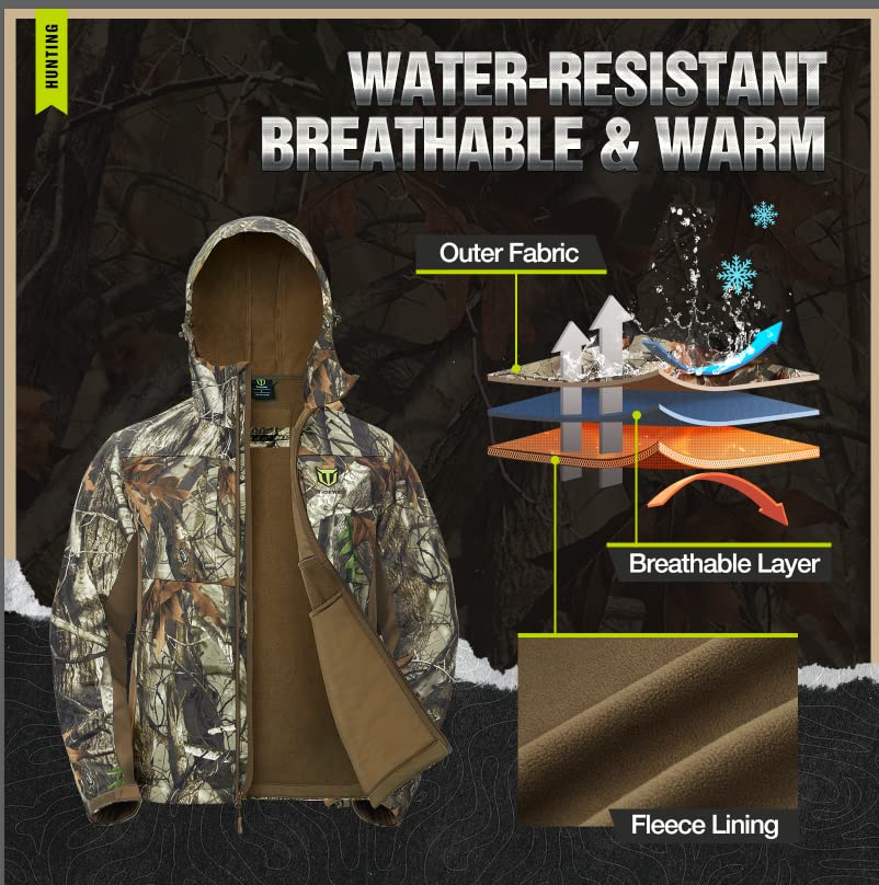 TIDEWE Hunting Clothes for Men with Fleece Lining, Safety Strap Compatible Water Resistant Silent Jacket and Pants, Hunting Suit for Climbing Hiking Trekking Camping (Next Camo G2 Size L)