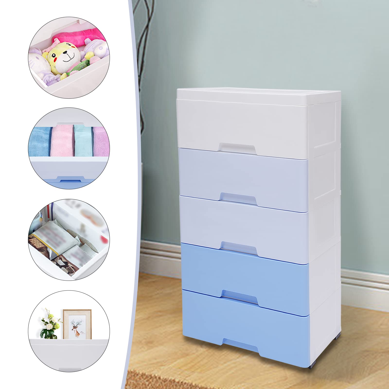 Plastic Drawers Dresser,5 Tier Storage Tower with 5 Drawer and Wheels,Storage Organizer Rack, Movable Storage Tall Small Cabinet Closet for Bed, Closet, Sofa, And Cabinet (Gradient Blue)