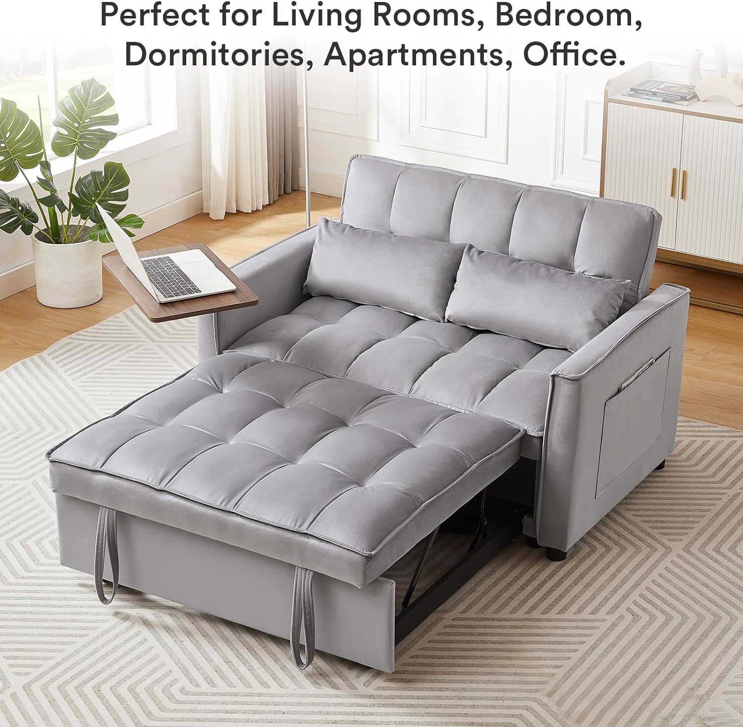 Rovibek Convertible Sofa Bed Couch Pull Out 3 in 1 Futon Loveseat Sleeper 2 Seat Velvet Lounge for Living Room, Adjustable Backrest, with Side Table, Black