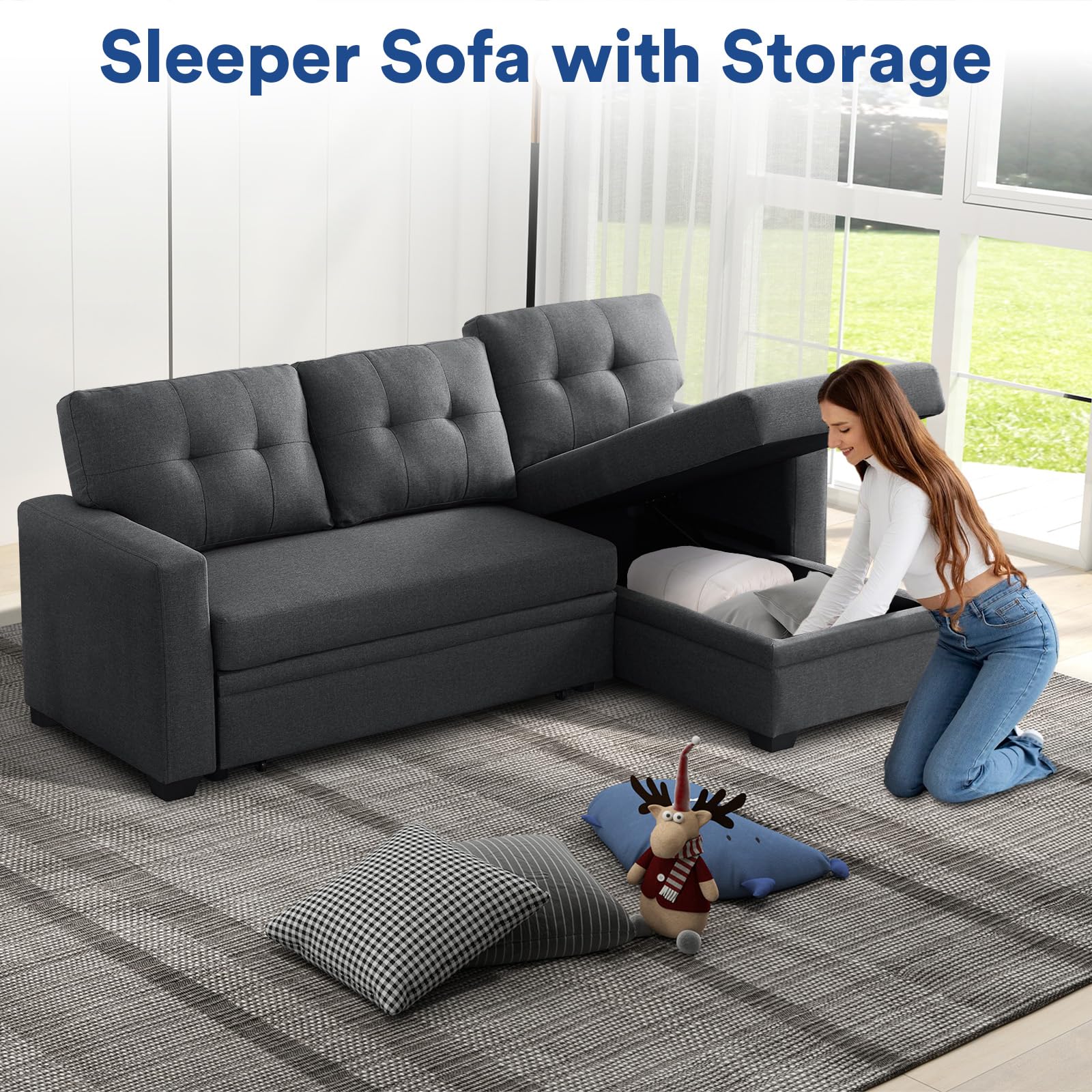 Rovibek L Shaped Couch with Pull Out Bed and Storage Multifunctional Sectional Sleeper Sofa with Chaise for Living Room, Apartment, Bedroom, Office, Dark Grey