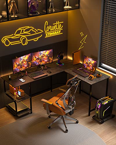 Teraves 64.84" Modern L Shaped Desk with Shelves and 69 inch Reversible L Shaped Corner Gaming Desk with Storage Shelves