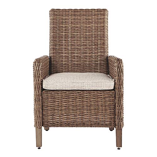 Signature Design by Ashley Beachcroft Outdoor Left & Right Arm Facing Wicker Patio Loveseats, Brown & Beige & Beachcroft Wicker Arm Chair with Cushion, 2 Count, Brown