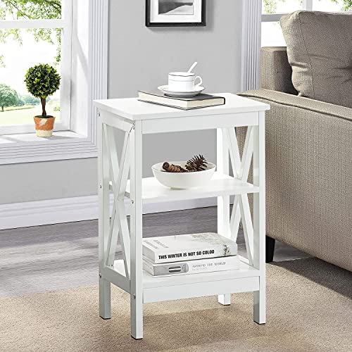 VECELO End Side Table with Storage Shelf Living Room,Bedroom Furniture, White, Nightstand with Shelves