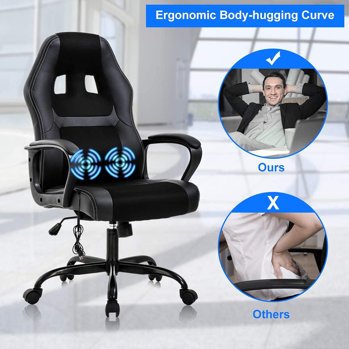 Gaming Chair Desk Chairs Ergonomic Office Chair Comfortable Massage Computer Desk Chair with Adjustable Backrest and Height, PU Leather Executive PC Swivel Chair Chair with Lumbar Support (Black)