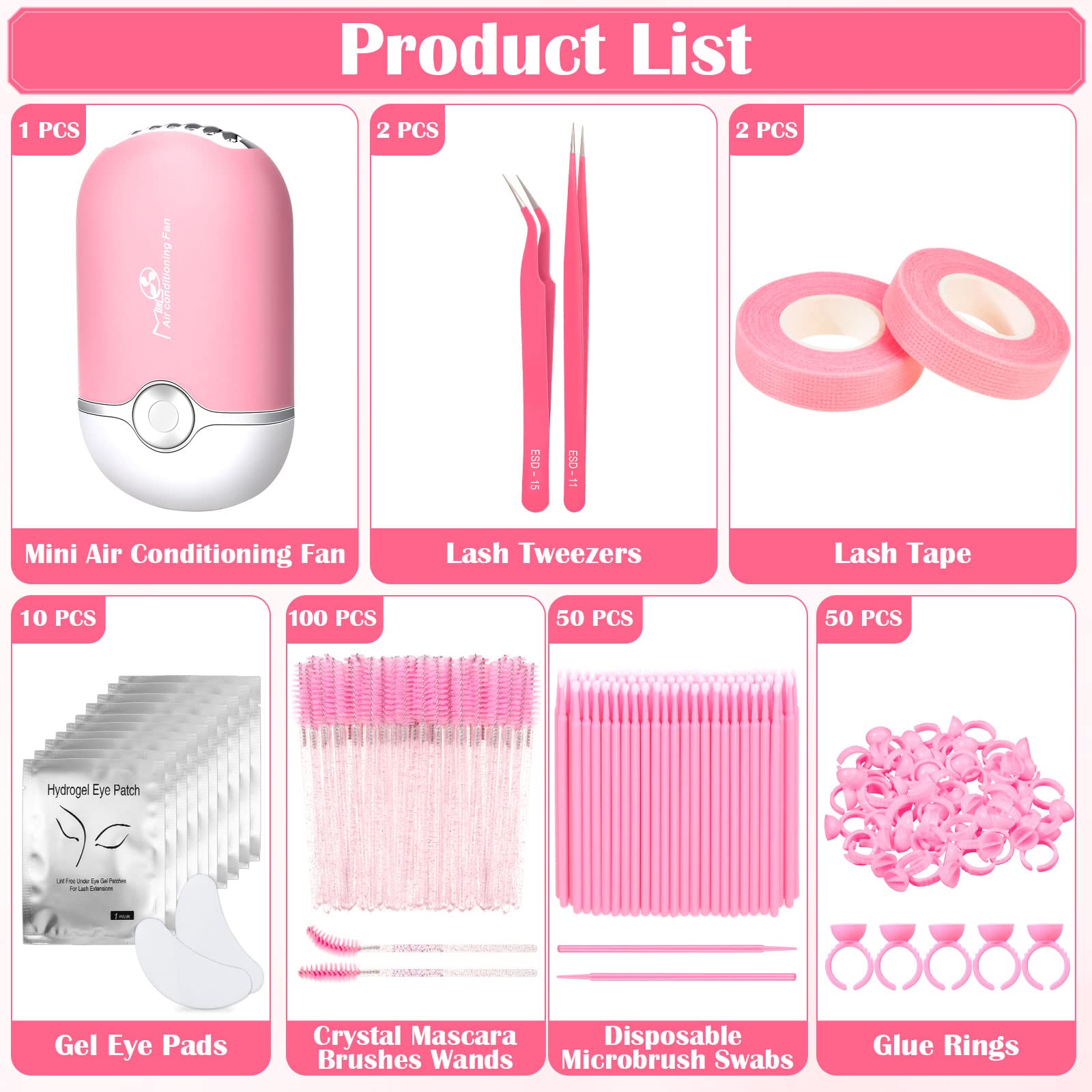 Modacraft Eyelash Extension Supplies Kit for Beginners with USB Air Conditioning Blower 2 Lash Tweezers, 100 Mascara Brushes, 50 Micro Applicators 50 Ring Cup Holders, 2 Tapes 10 Eye Gel Pads