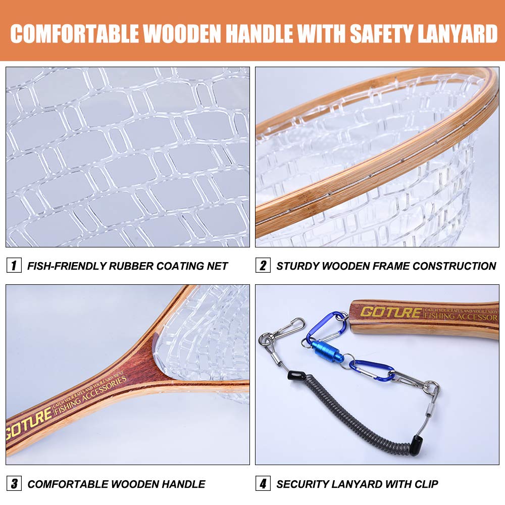 Goture Fly Fishing Landing Trout Net Catch and Release Net - Wooden Frame with Soft Rubber Mesh
