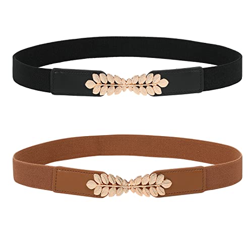 WELROG 2 Pack Women Stretchy Belt for Dresses Retro Elastic Belts for Women Metal Buckle Skinny Waist Belt