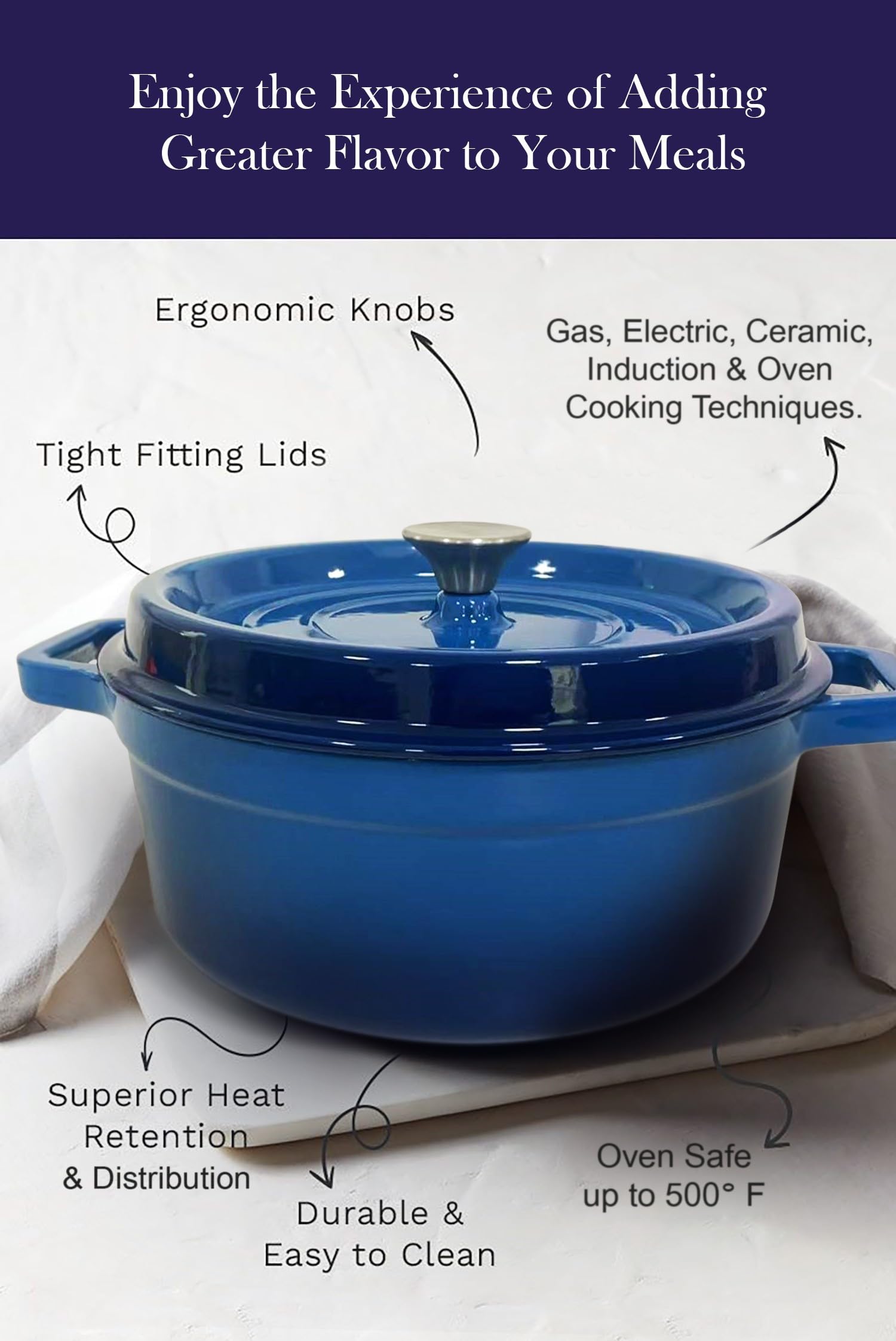 SPROS 6.4-Quart Enameled Cast Iron Dutch Pot with Lid and Dual Handles, Gas, Electric Safe; ceramic, induction and oven-safe up to 500°F - Blue