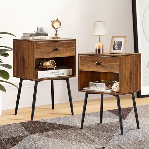 VECELO Nightstands Set of 2 Industrial 2-Tier Night Stand/Side Drawer, Wood Mid Century End Tables for Small Places, Bedrooms, Living Room, Home, Farmhouse, Rustic Brown