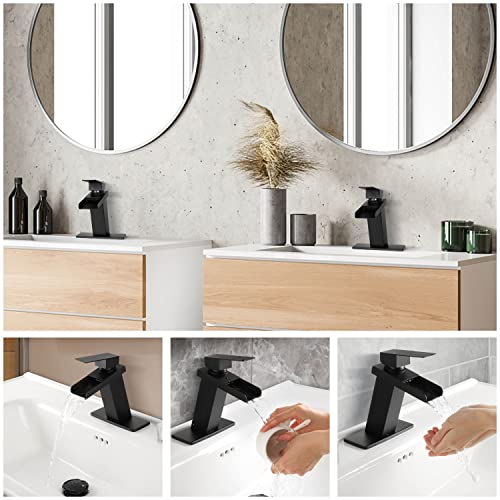 Matte Black Bathroom Faucet, Homikit Waterfall Bathroom Faucets for Sink 1 or 3 Holes, Modern Vanity Faucet with Single Handle Single Hole, Pop Up Drain, Deck Plate, 2 Water Supply Hoses