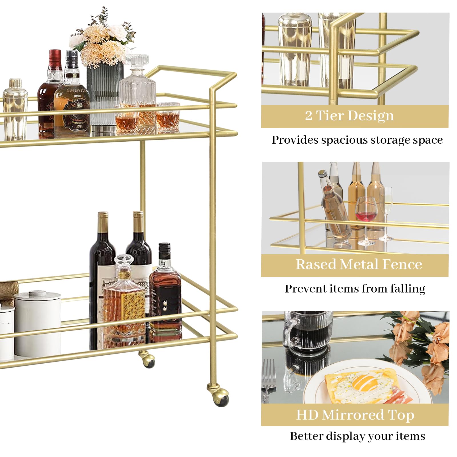 GIFTTROVE Gold Bar Cart for Home, 2 Tier Bar Serving Cart, Rectangular Rolling Bar Cart with 2 Mirrored Shelves, Wine Cart Stand for Kitchen, Living Room