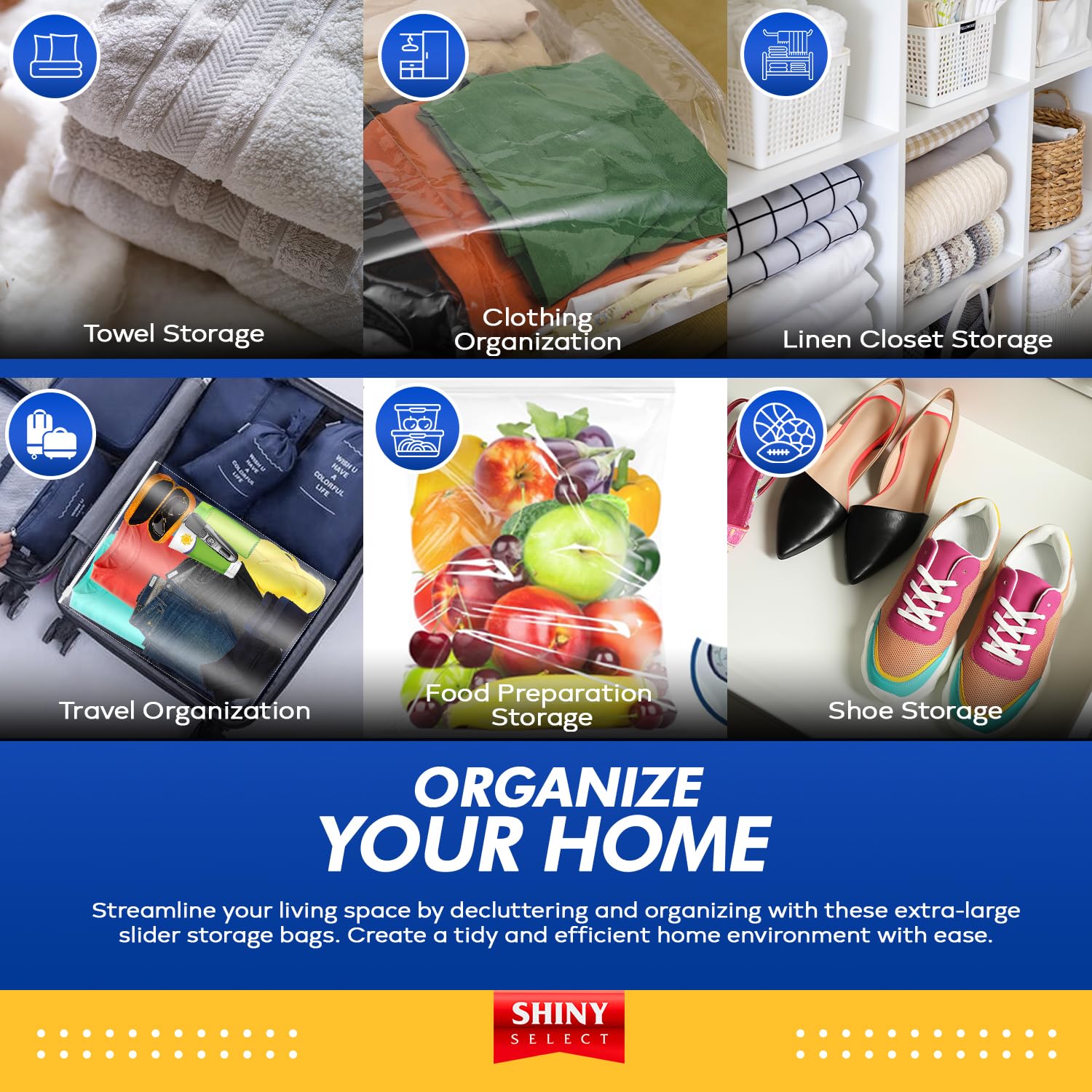 Shiny Select 5 Gallon Jumbo Slider Storage Bag, 18x24, 10 Bags β Resealable Extra Large Clear Plastic, 2 Mil Thick - Home Organization, Luggage, Travel, Kitchen Use, Baby Essentials, Seasonal Clothes