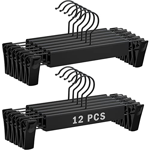 Pants Skirt Hangers with Clips, 12-Pack Skirt Hanger Space Saving, Non-Slip, Heavy-Duty Plastic Hanger for Pants Clothes Jeans Shorts Slack Trousers