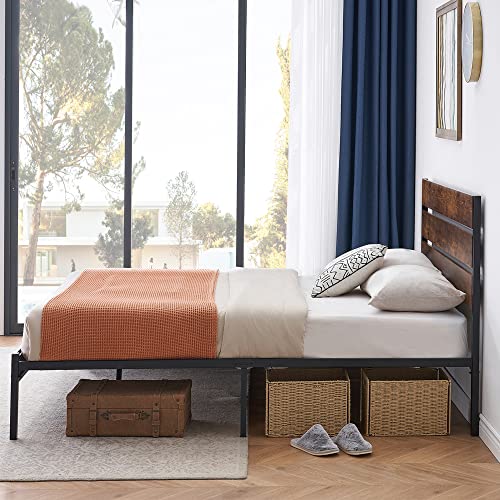 VECELO Platform Queen Bed Frame with Rustic Vintage Wood Headboard and Footboard, Mattress Foundation, Strong Metal Slats Support, No Box Spring Needed