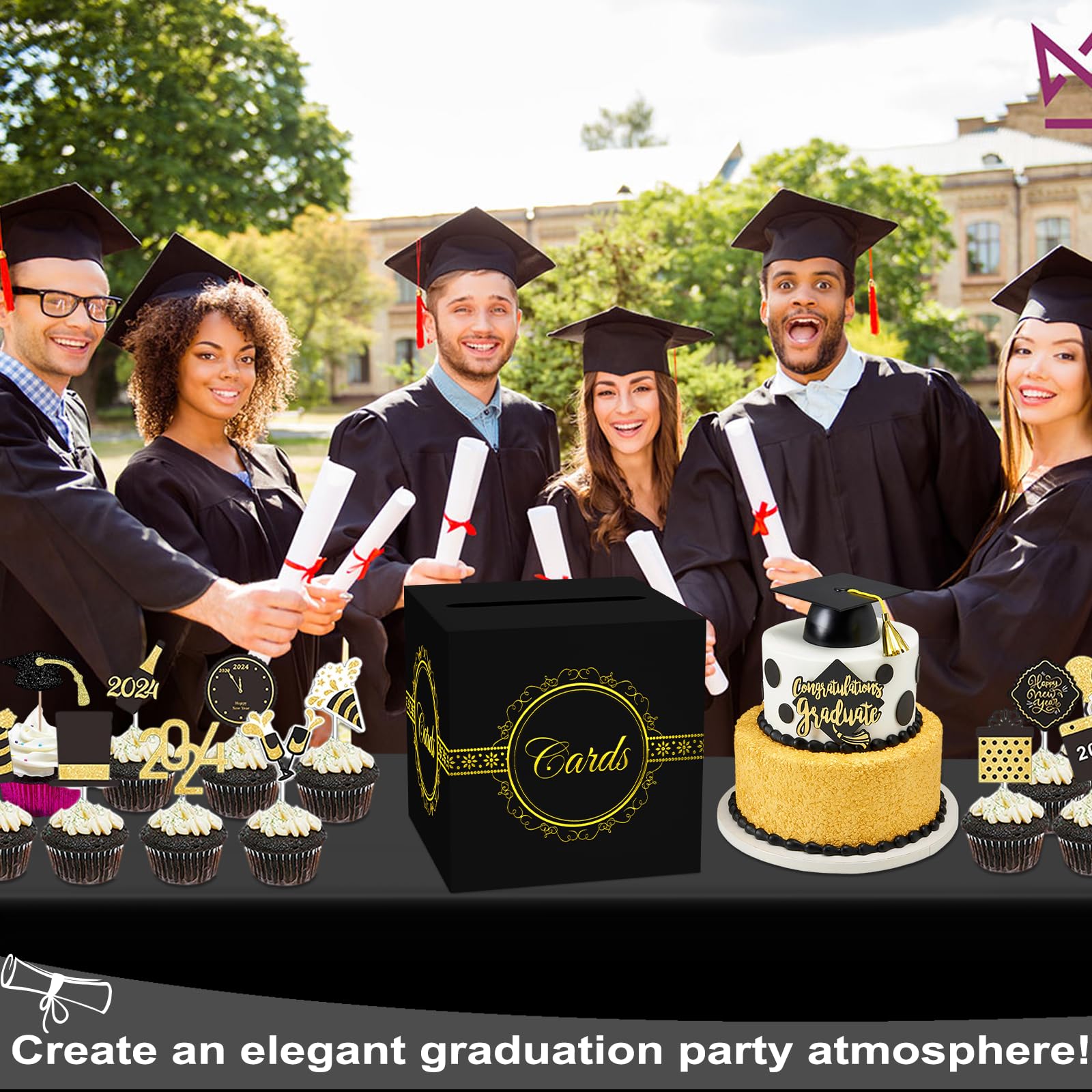 WNINK Black Card Box with Gold Foil Design, Gift Cards Receiving Box for Birthdays Party, Wedding Receptions, Bridal & Baby Showers, Graduations, Retirements, Anniversaries