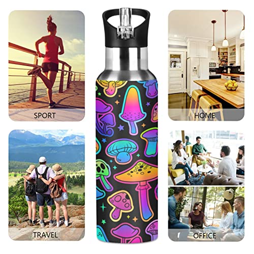 Oarencol Colorful Mushrooms Water Bottle Rainbow Star Stainless Steel Vacuum Insulated with Straw Lid 20 Oz
