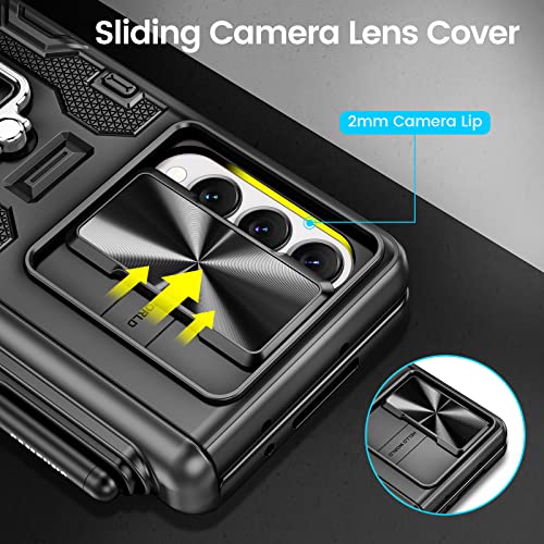 VEGO for Galaxy Z Fold 4 Case with S Pen Holder, [Hinge Protection][360°Ring Magnetic Kickstand][Slide Camera Cover][Front Screen Protector] Protective Armor Case for Samsung Galaxy Z Fold 4- Black