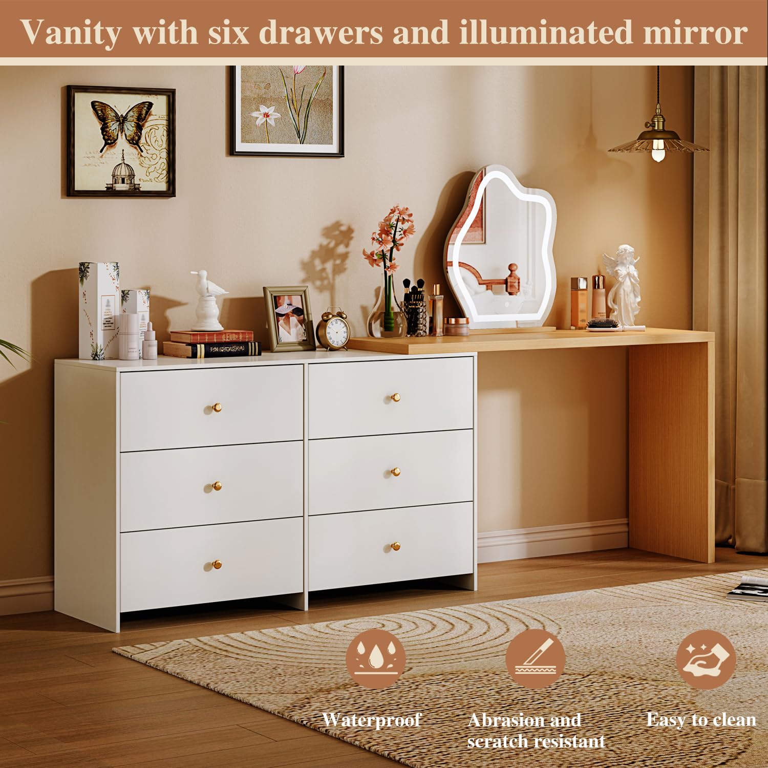sbdmirau Vanity Desk with Mirror and with 3 Color Lighting Modes Adjustable Brightness, 6 Drawers Makeup Table for Bedroom Studio, 3-Sections Silent Slides Gift for Girls and Women, Grey