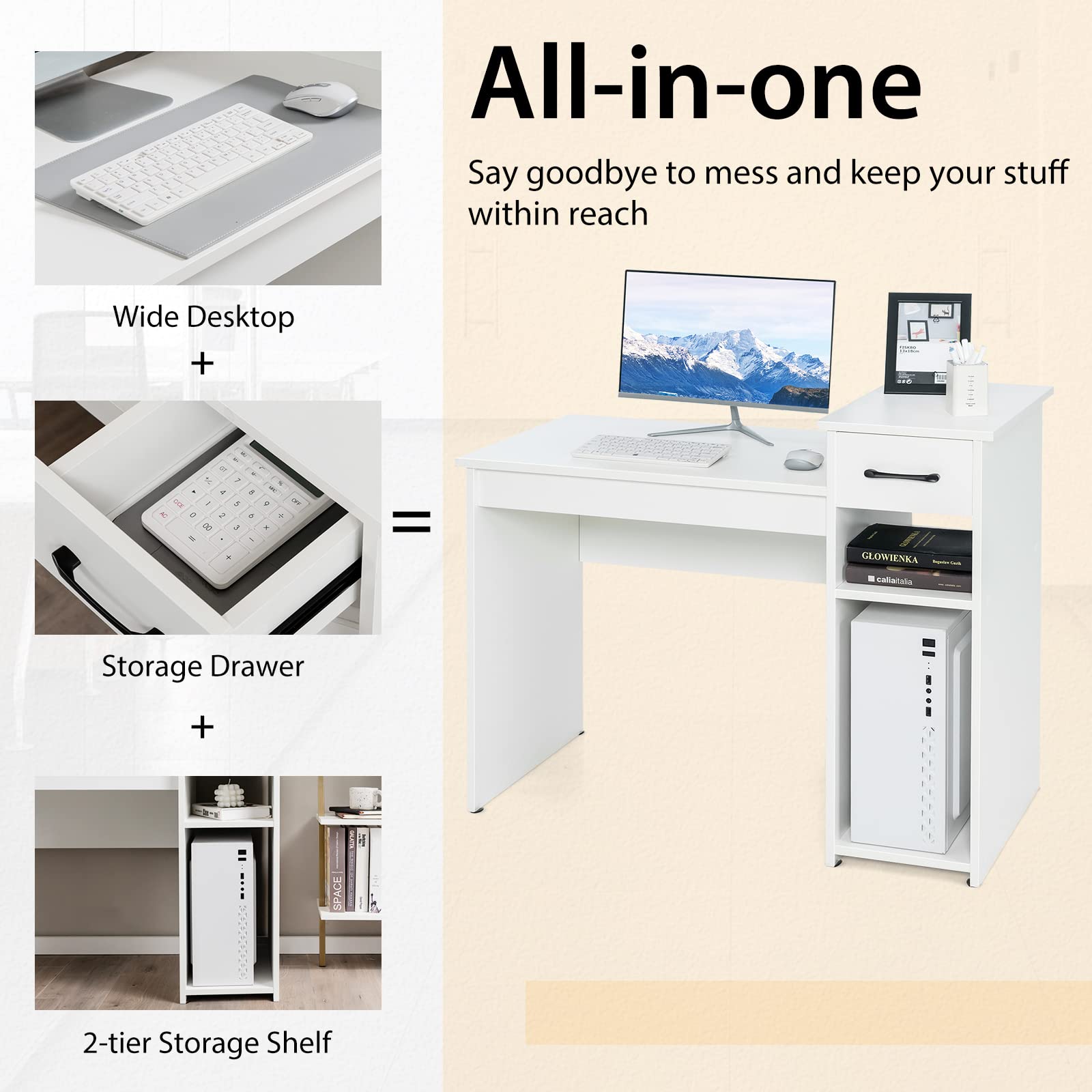 Tangkula White Desk with Storage Drawer & Shelves, Compact Desk for Small Space, Modern Wooden Study Desk Writing Desk with Storage Drawer & Compartments, PC Laptop Desk Small Desk for Bedroom