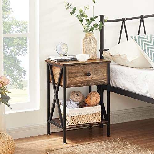 VECELO Set of 2 Nightstands X-Design Side Night Stand Storage Shelf with Bin Living Room Bedroom,Vintage Brown, End Table with Drawer
