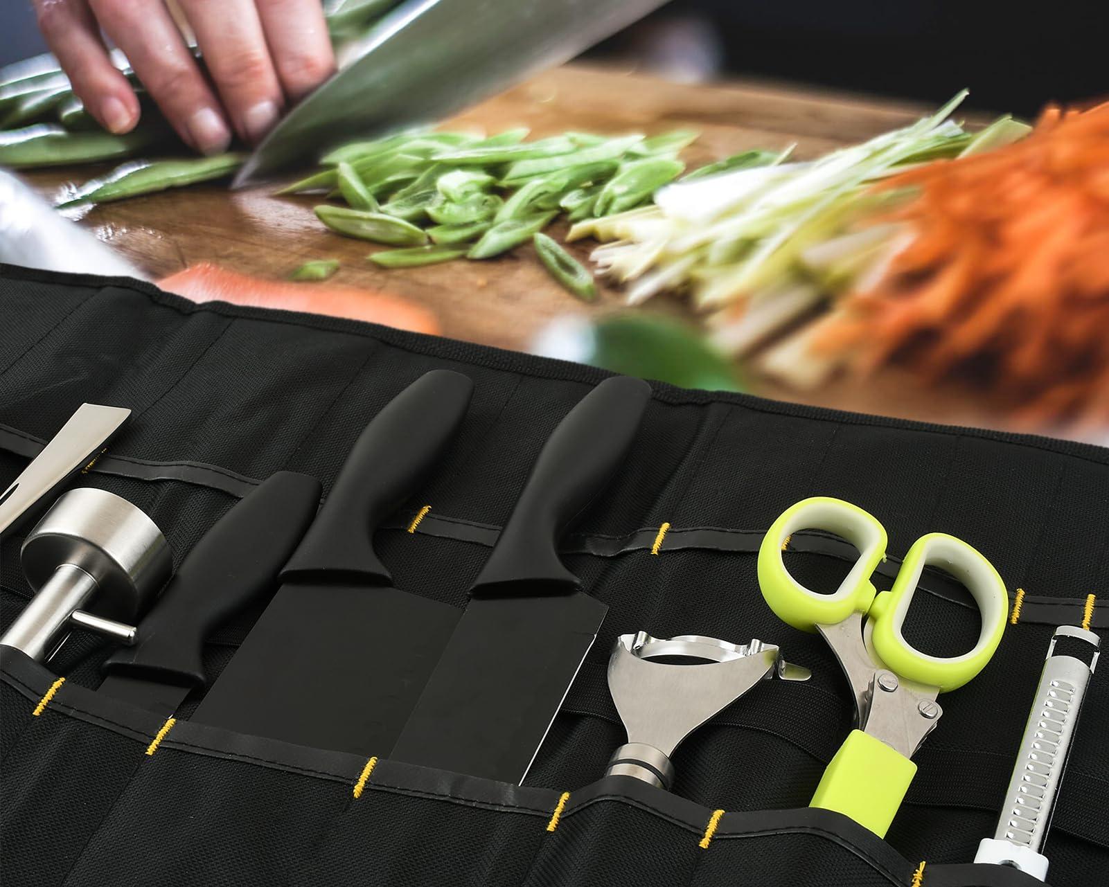 Victhur Knife Roll 10 Slots Plus 1 Pocket Canvas Chef Knife Bag for Meat Cleaver, Knife Hone, Utensils and Kitchen Tools Up to 12”(Bag Only)