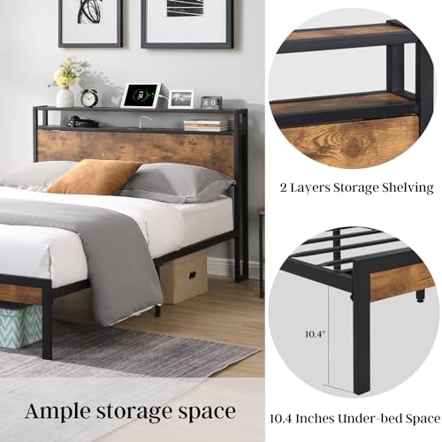 Foinfun King Bed Frame with USB and AC Charging, King Platform Metal Bed, Headboard with 2 Layers of Shelving, No Box Spring Needed, Brown