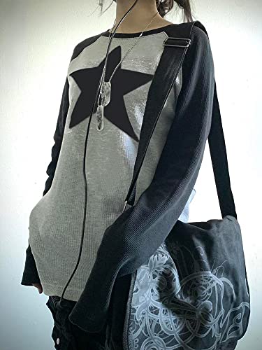 Pooyikoi Y2K Pullover T-Shirts Women Contrast Patchwork Grunge Harajuku Clothes Full Sleeve Preppy Long Sweats Tops (Style1,M,Medium)