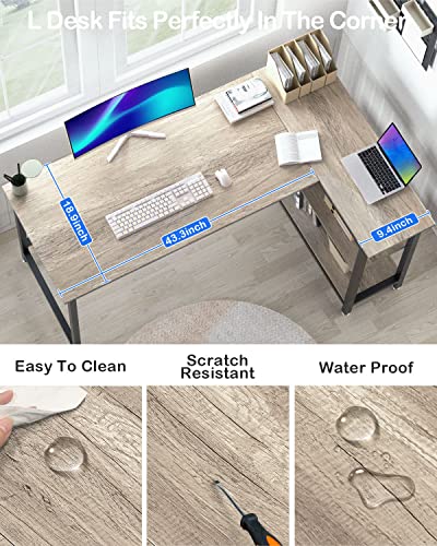 WOODYNLUX L Shaped Computer Desk - 43 Inch Home Office Desk with Shelf, Gaming Desk Corner Table for Work, Writing and Study, Space-Saving, Gray