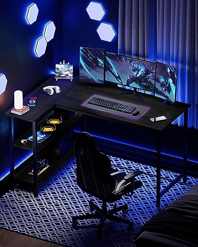 WOODYNLUX L Shaped Computer Desk - Home Office Desk with Shelf, Gaming Desk Corner Table for Work, Writing and Study, Space-Saving, Black