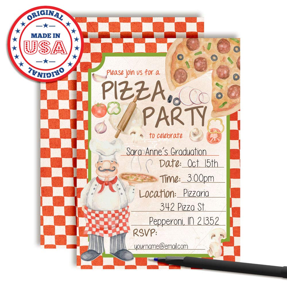 Watercolor Chef Pizza Party Themed Birthday Party Invitations for Kids, 20 5x7 Fill In Cards with Twenty White Envelopes by AmandaCreation